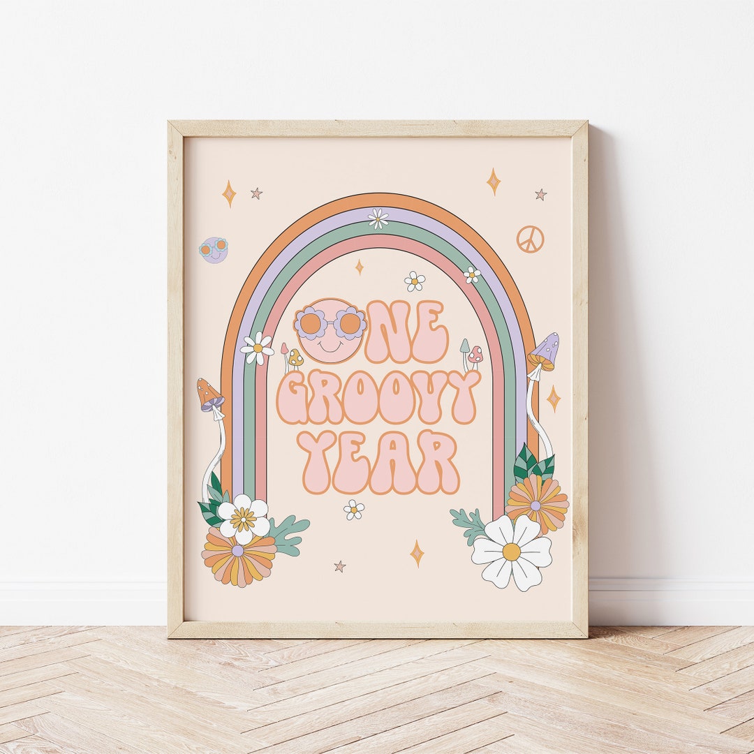 One Groovy Year Sign, Groovy One Birthday Sign, 70s Retro Hippie Daisy ...