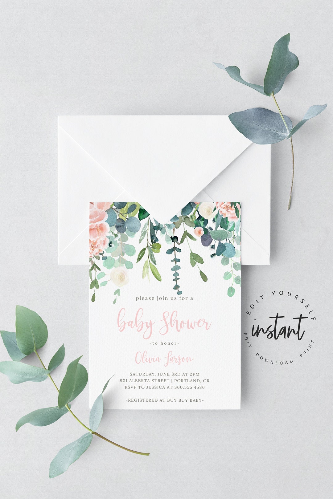 Baby Shower Invitation, Greenery Baby Shower Invitation, Pink Baby ...
