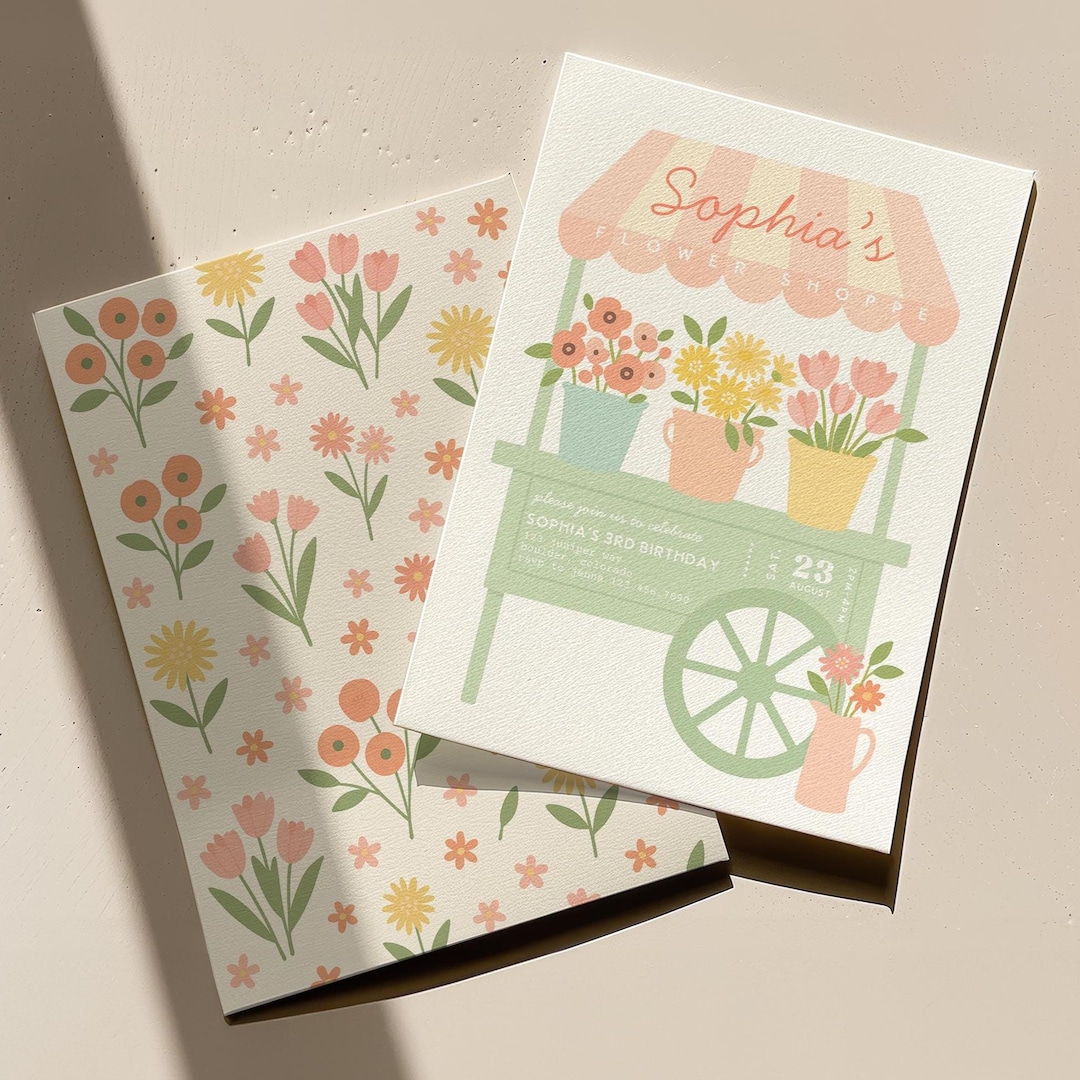 Flower Cart Birthday Invitation, Girl Birthday Invitation, Petite ...