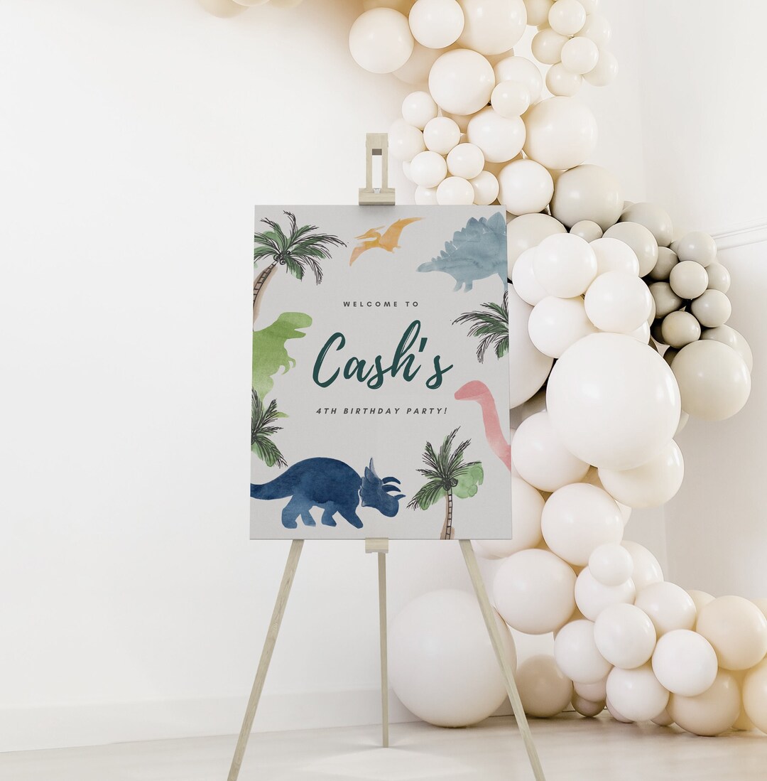 Modern Dinosaur Welcome Sign, Watercolor Dinosaur Birthday Welcome Sign ...