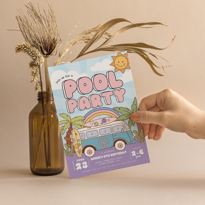 Editable Pool Party Invitation, Summer Evite Birthday, Retro Summer ...