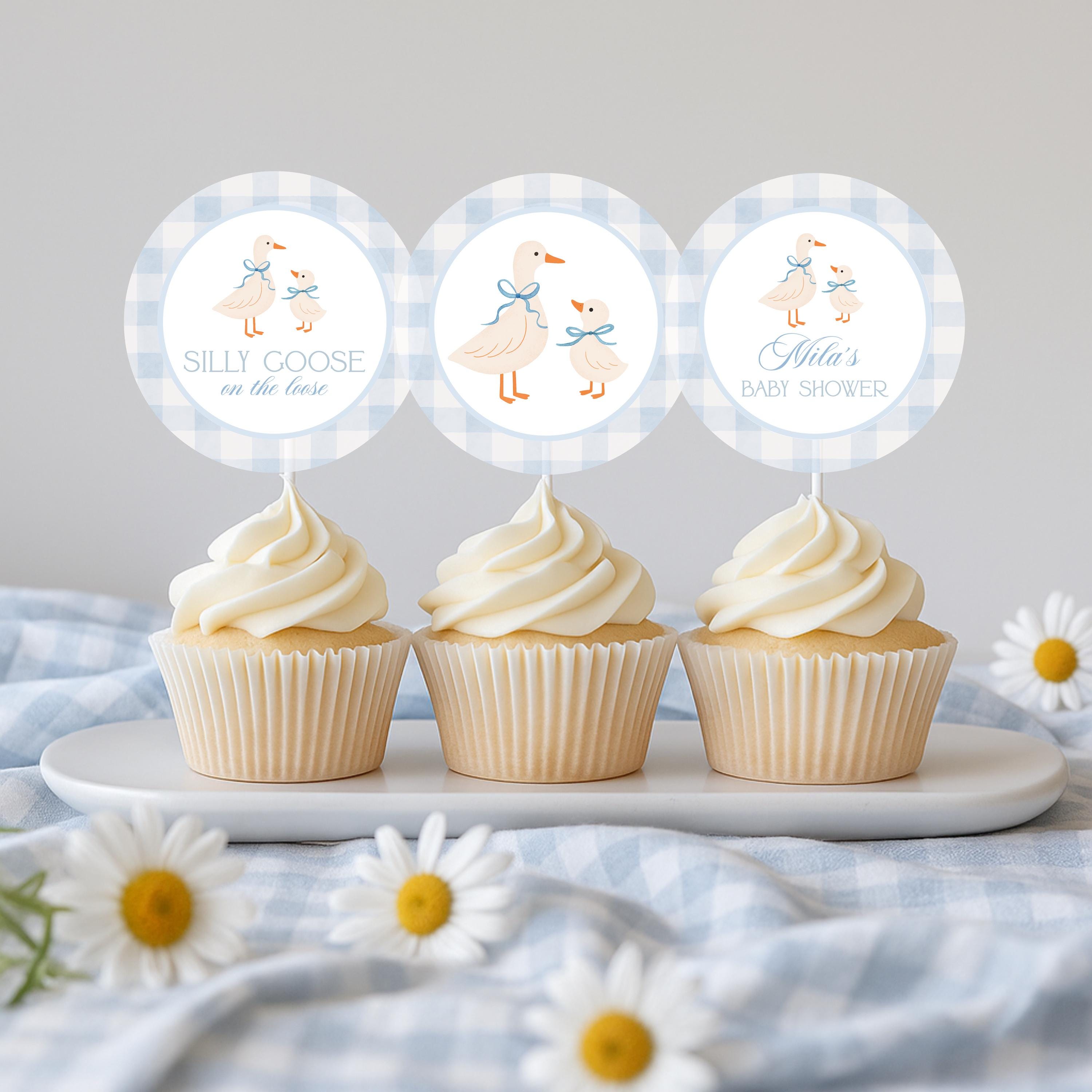 Editable Goose Blue Gingham Baby Shower Food Labels, Flat or Folded ...