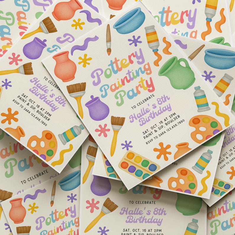 Pottery Painting Birthday Invitation, Editable Pottery Art Birthday ...