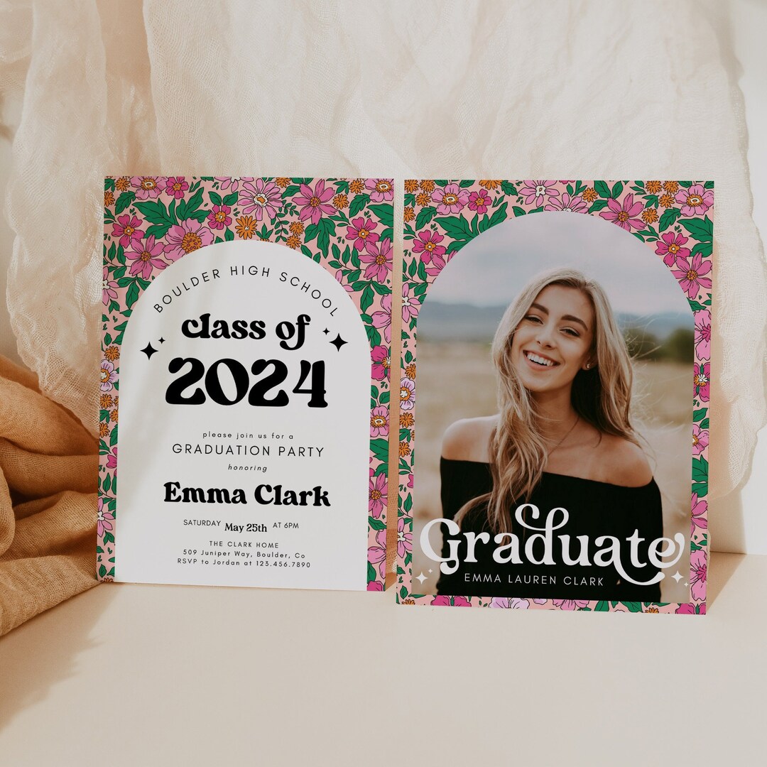 Boho Retro Graduation Party Invitation Template, Minimalist Graduation ...