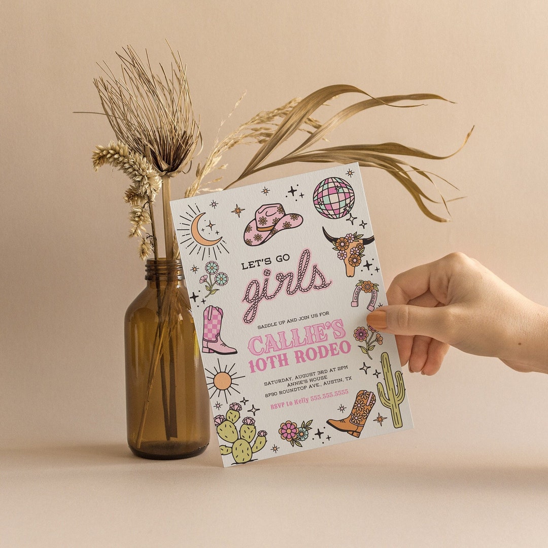 Let's Go Girls Birthday Invitation Template Editable Hot Pink Cowgirl ...