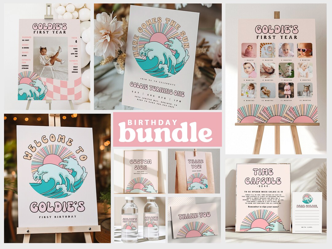 Editable Here Comes the Sun Girl Birthday Bundle, Retro Summer Birthday ...