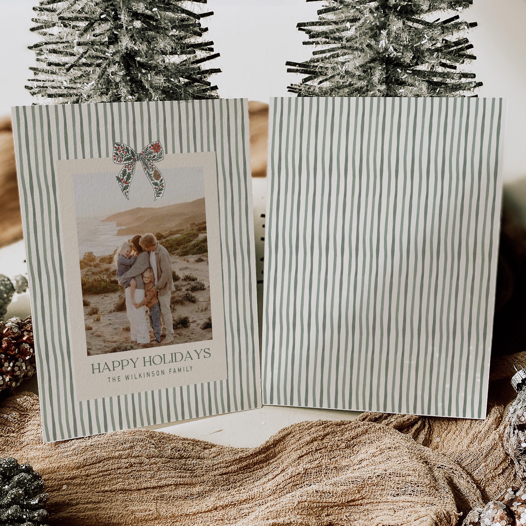 Holiday Photo Card Template | Christmas Bow Stripe Family Photo Card ...