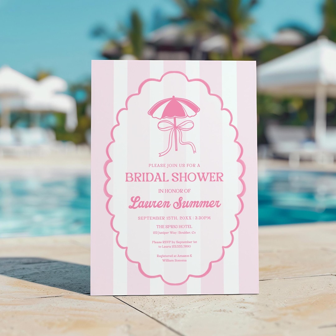 Summer Bridal Shower Invitation | Retro Pink Stripe Umbrella Theme ...
