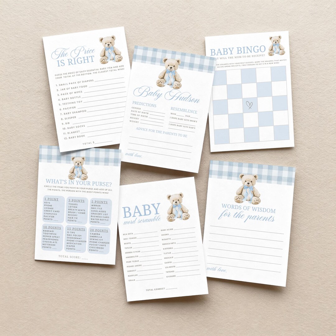 Blue Teddy Bear Baby Shower Games Bundle | Editable Canva Baby Shower ...