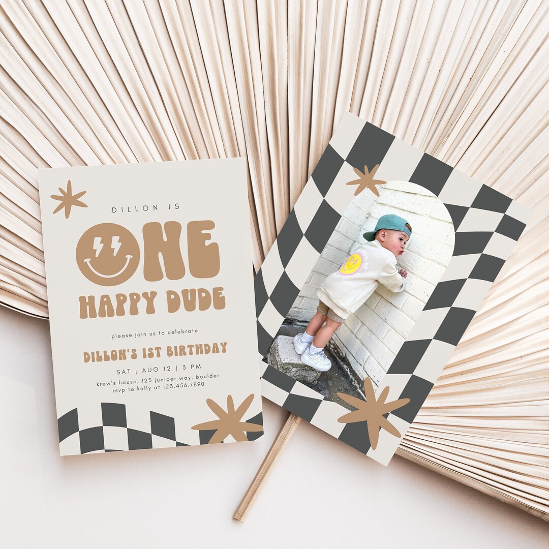 Boy First Birthday Invite One Happy Dude Birthday Invitation Smile Face ...