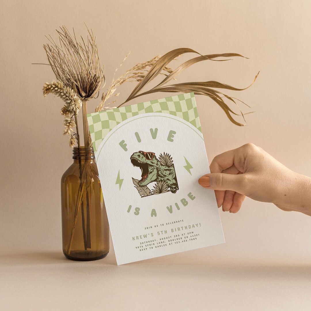 FIVE is a Vibe Dinosaur Birthday Invitation Retro T Rex Checkered ...