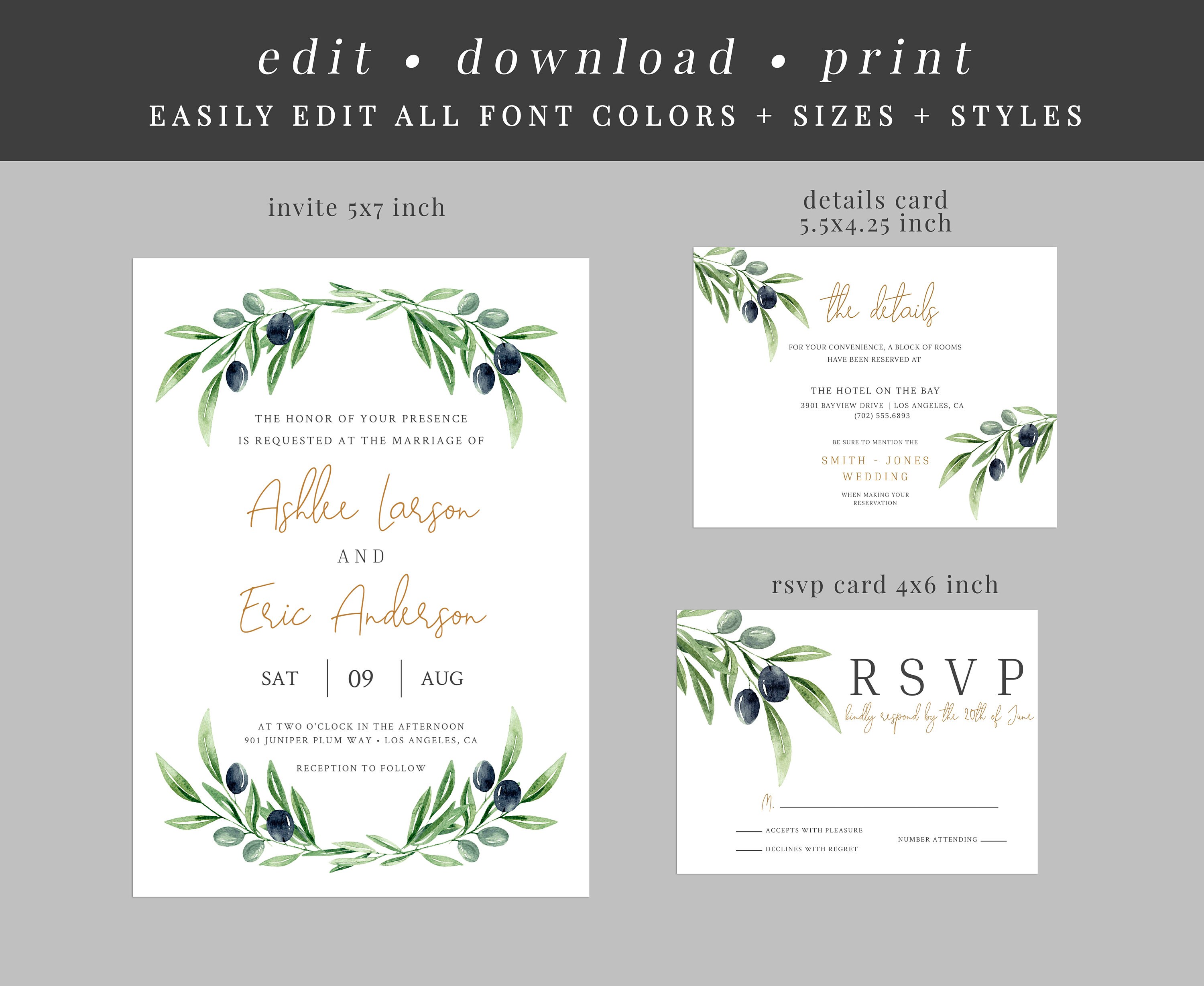 Olive Tree Wedding Invitation Template Greenery Wedding | Etsy