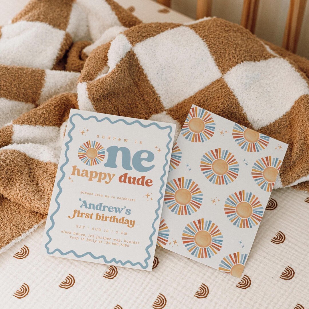 Editable Boy Sun First Birthday Invitation, One Happy Dude Retro 1st ...