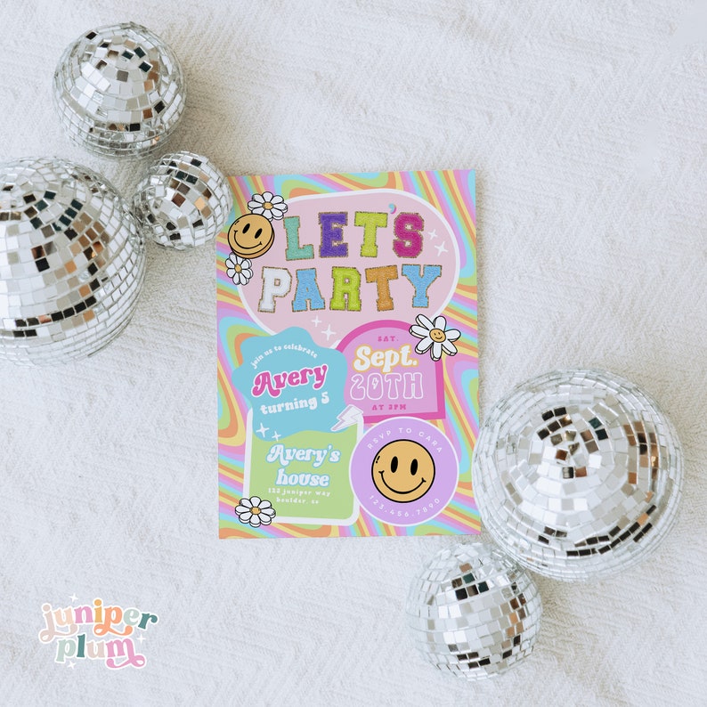 Editable Patch Letter Smile Face Birthday Invite, Groovy Retro Birthday ...
