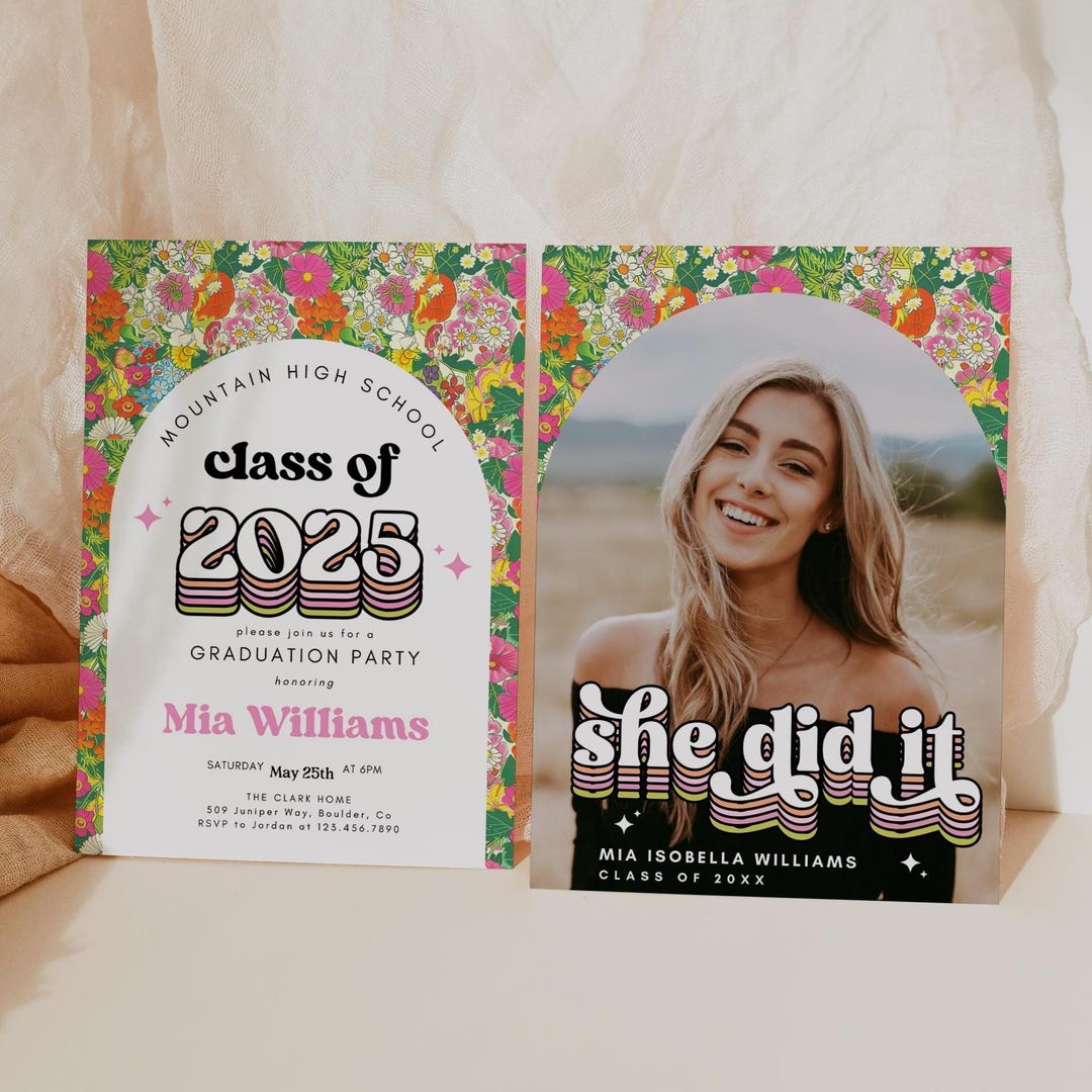 Retro Floral Graduation Invitation, Editable Floral Graduation ...