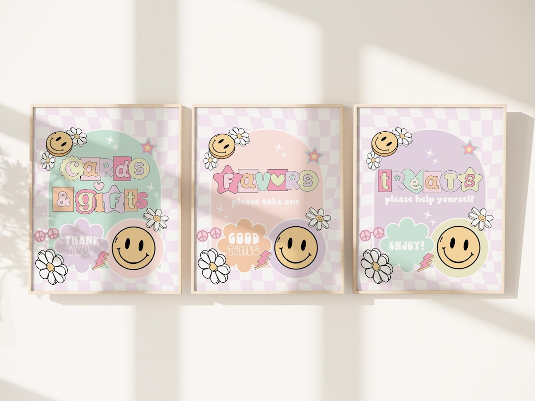Preppy Smile Face Birthday Party Signs, Groovy Retro Birthday Favor ...