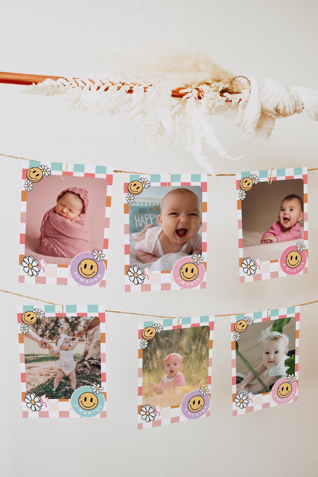 Editable Checkered Smile Face Milestone Photo Flag Banner, Groovy Retro ...