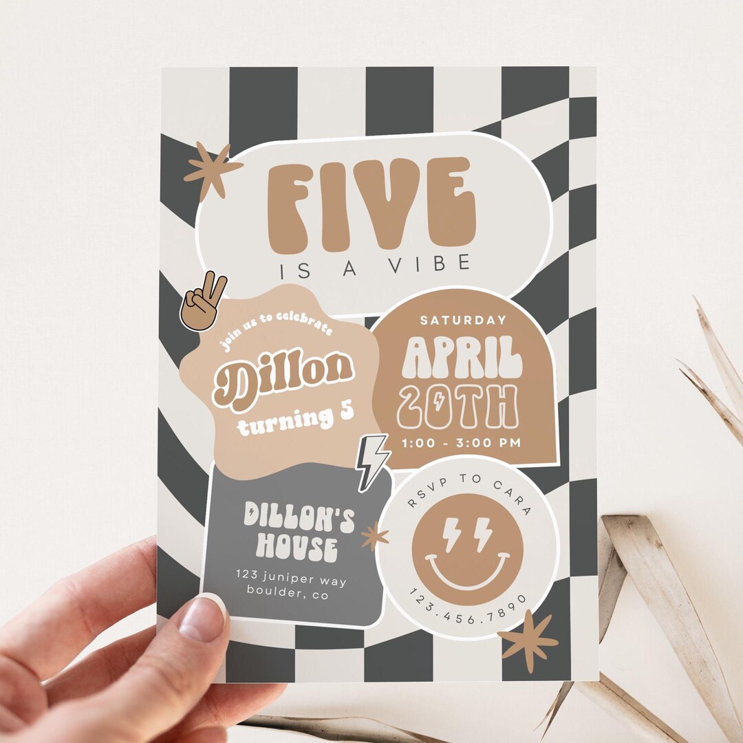 Boy Five is a Vibe Birthday Invite 5th Birthday Invitation Smile Face ...