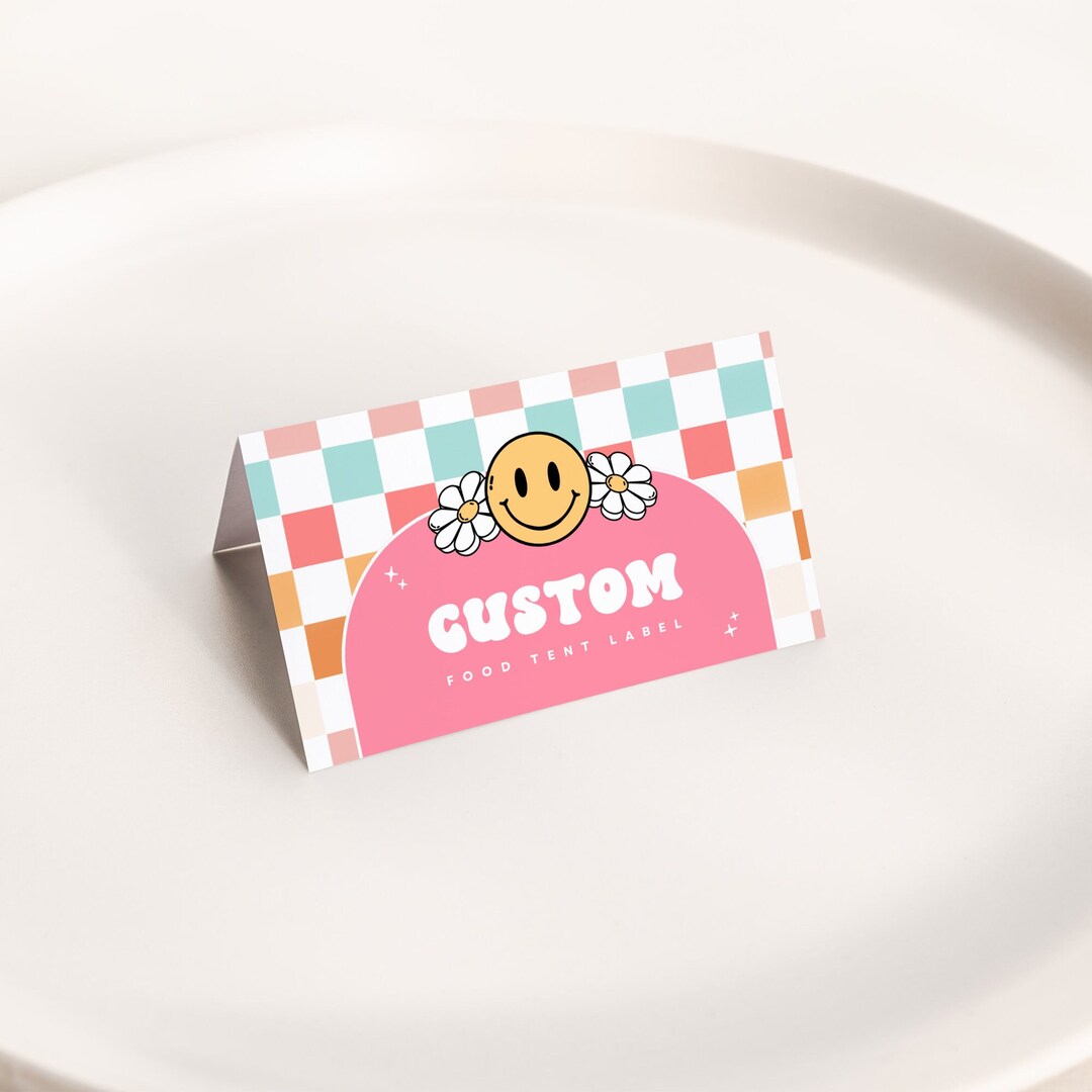 Editable Checkered Smiley Face Food Label, Groovy Retro Birthday, Emoji ...