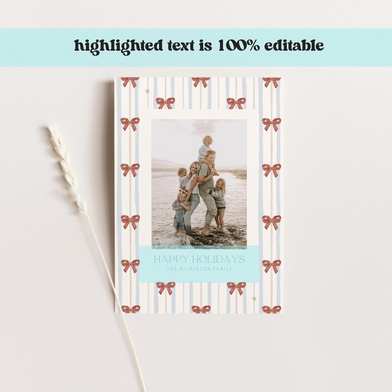 Bow Holiday Card Template | Editable Canva Christmas Card Striped ...