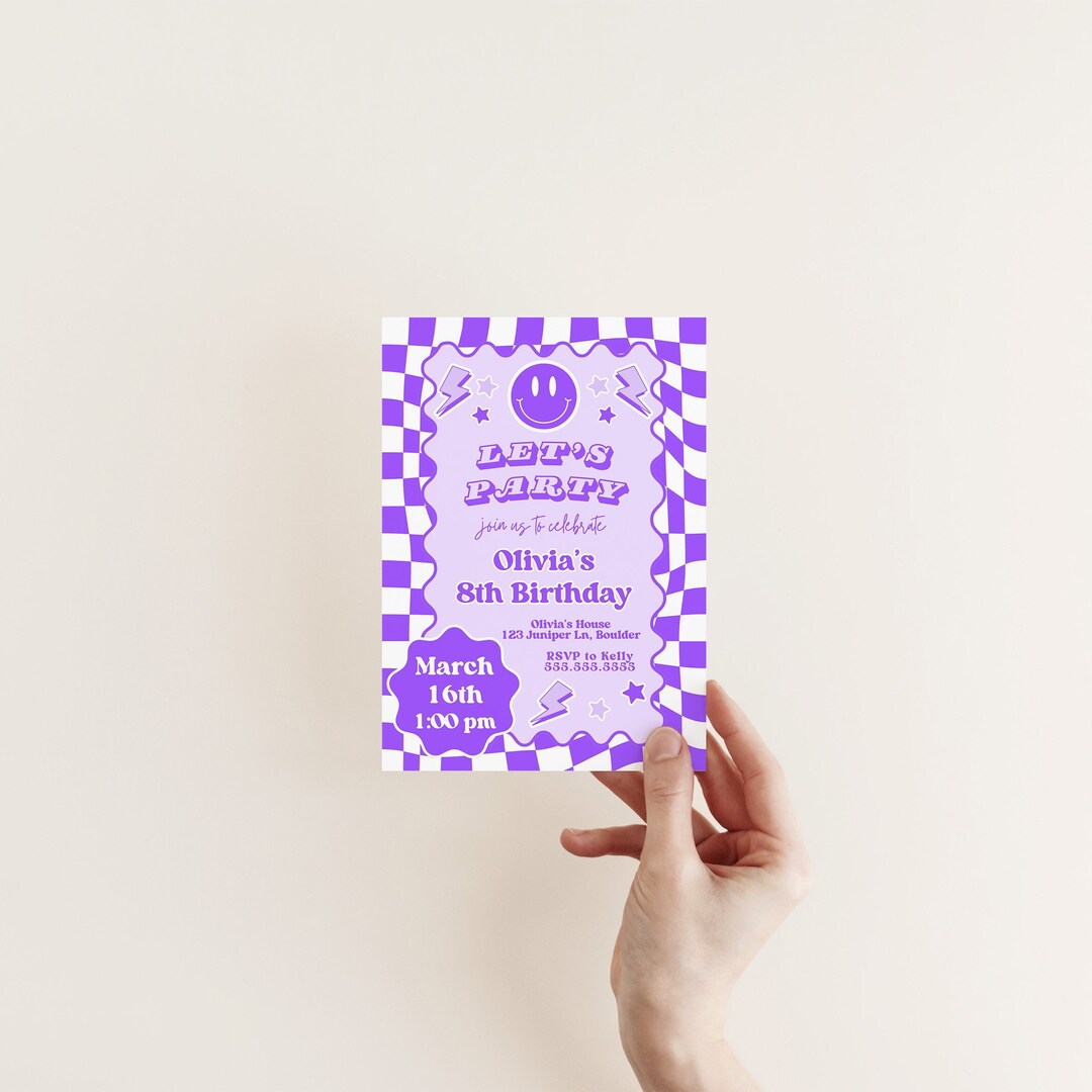 Tween Purple Birthday Invitation, Preppy Smile Retro Birthday Theme ...