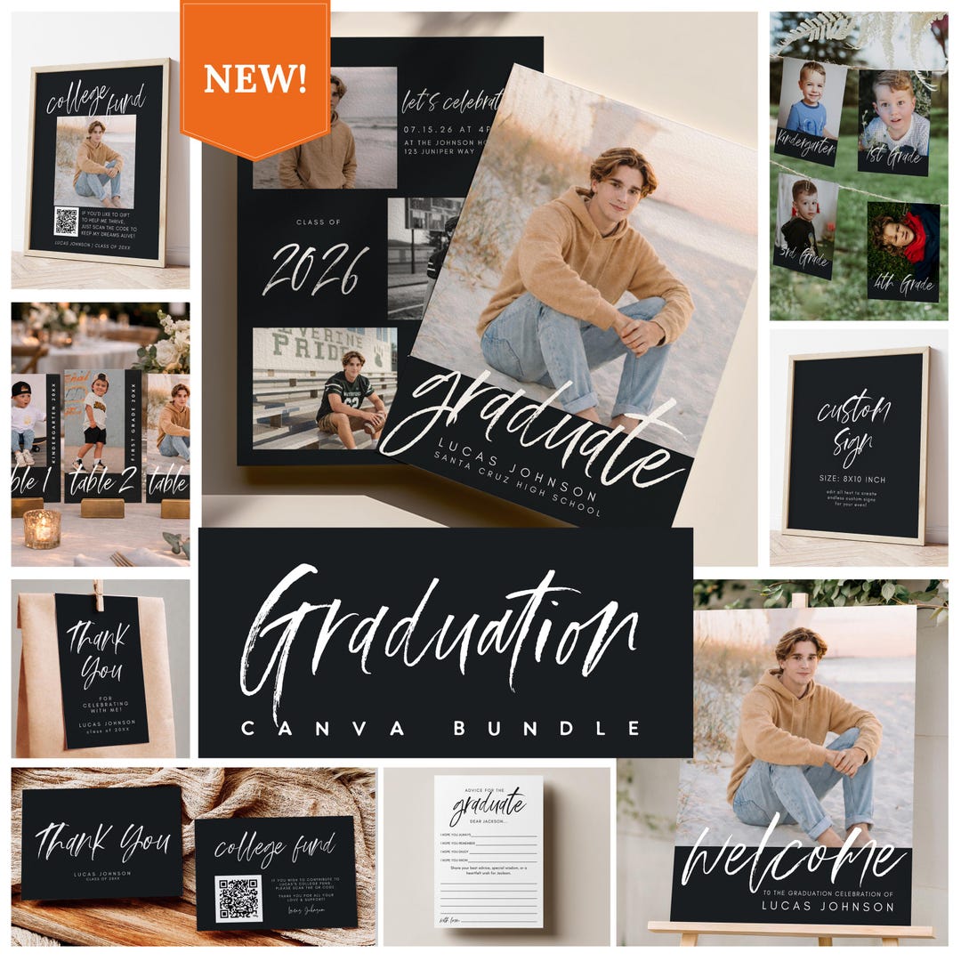 Graduation Bundle Template, Modern Photo Grad Party Suite, Editable ...