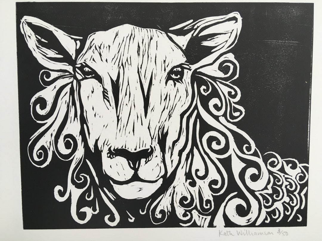 Sheep- Handmade Linocut Print Limited Edition Artwork 18.5x25cm (black ...