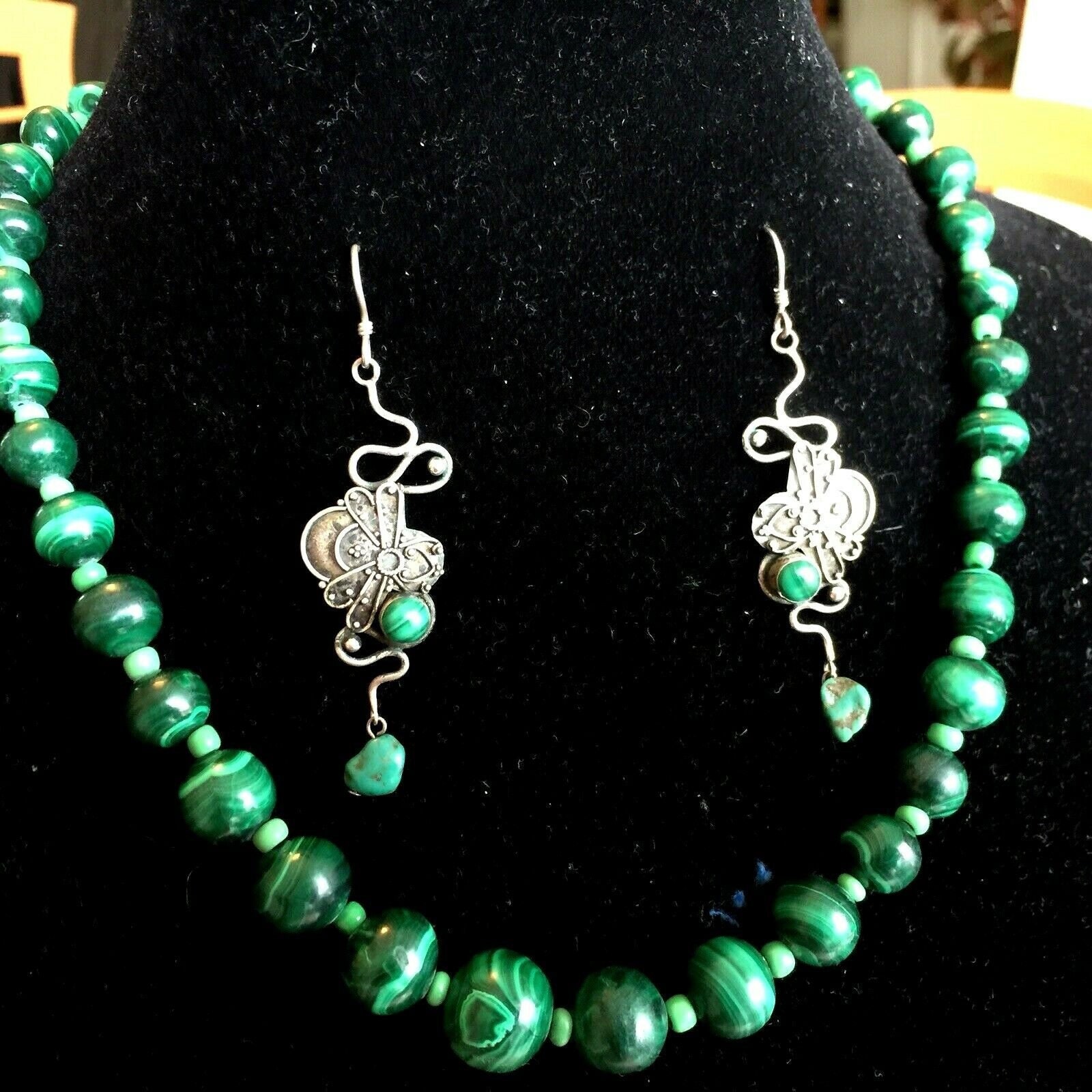 Set off 3 Pieces: Malachite Neckless and Sterling Silver Drop Dangle ...