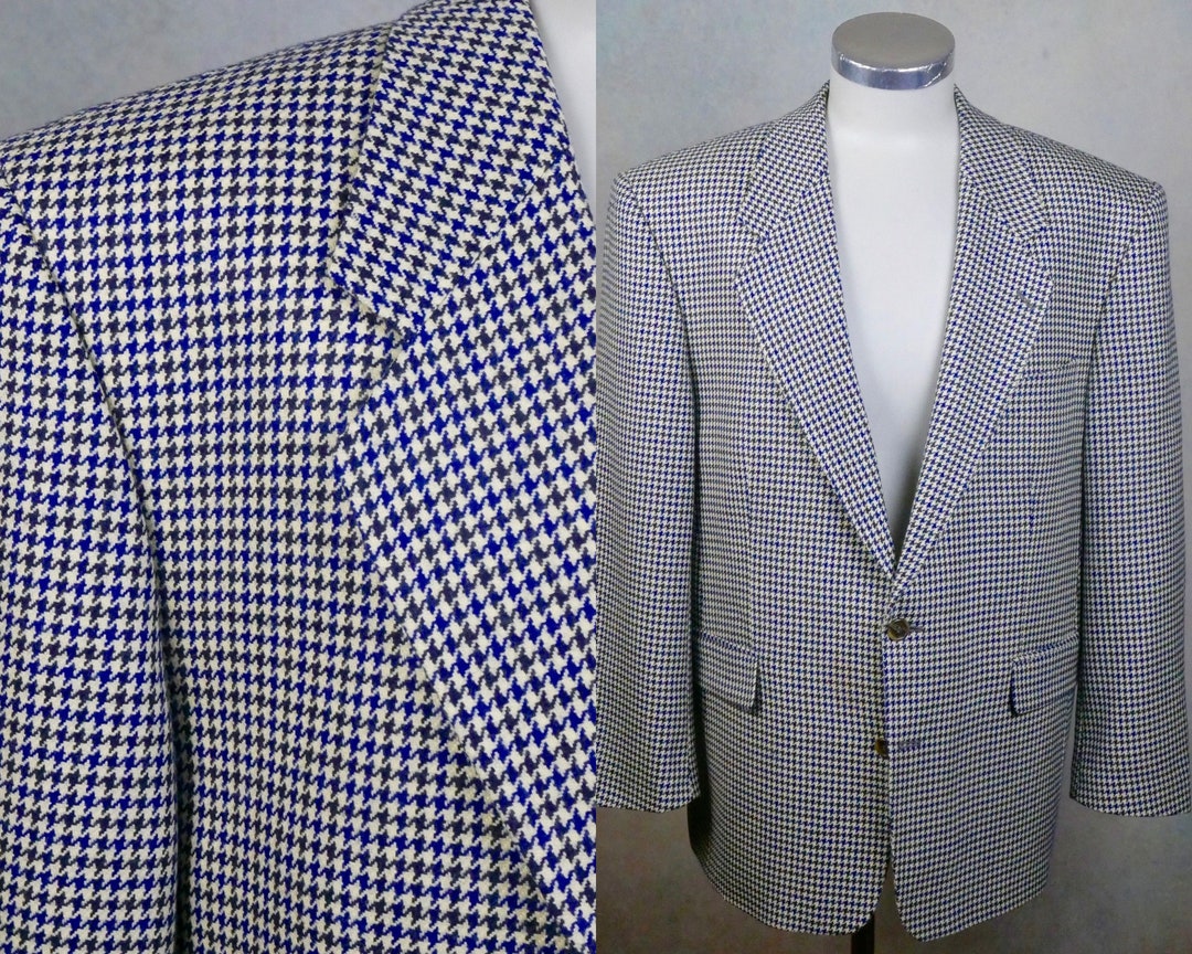 Vintage Houndstooth Blazer, 1980s Soft Wool Single-breasted Blue Black ...