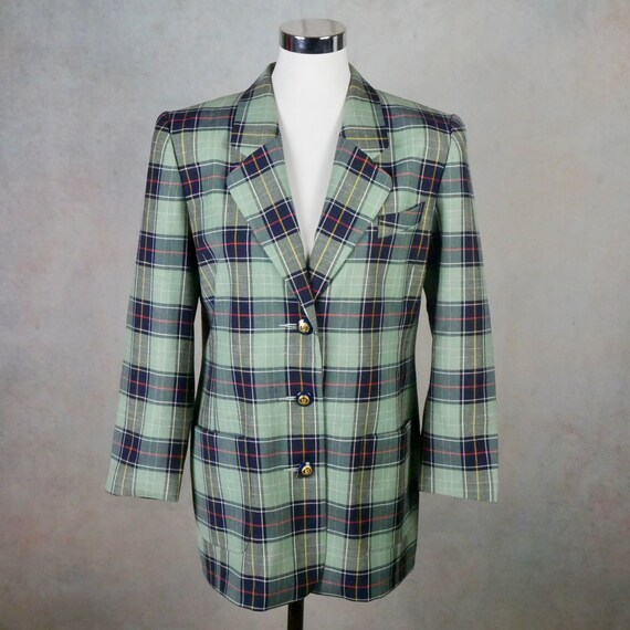 Green & Blue Plaid Blazer, 80s Vintage Tartan Jacket - Gem