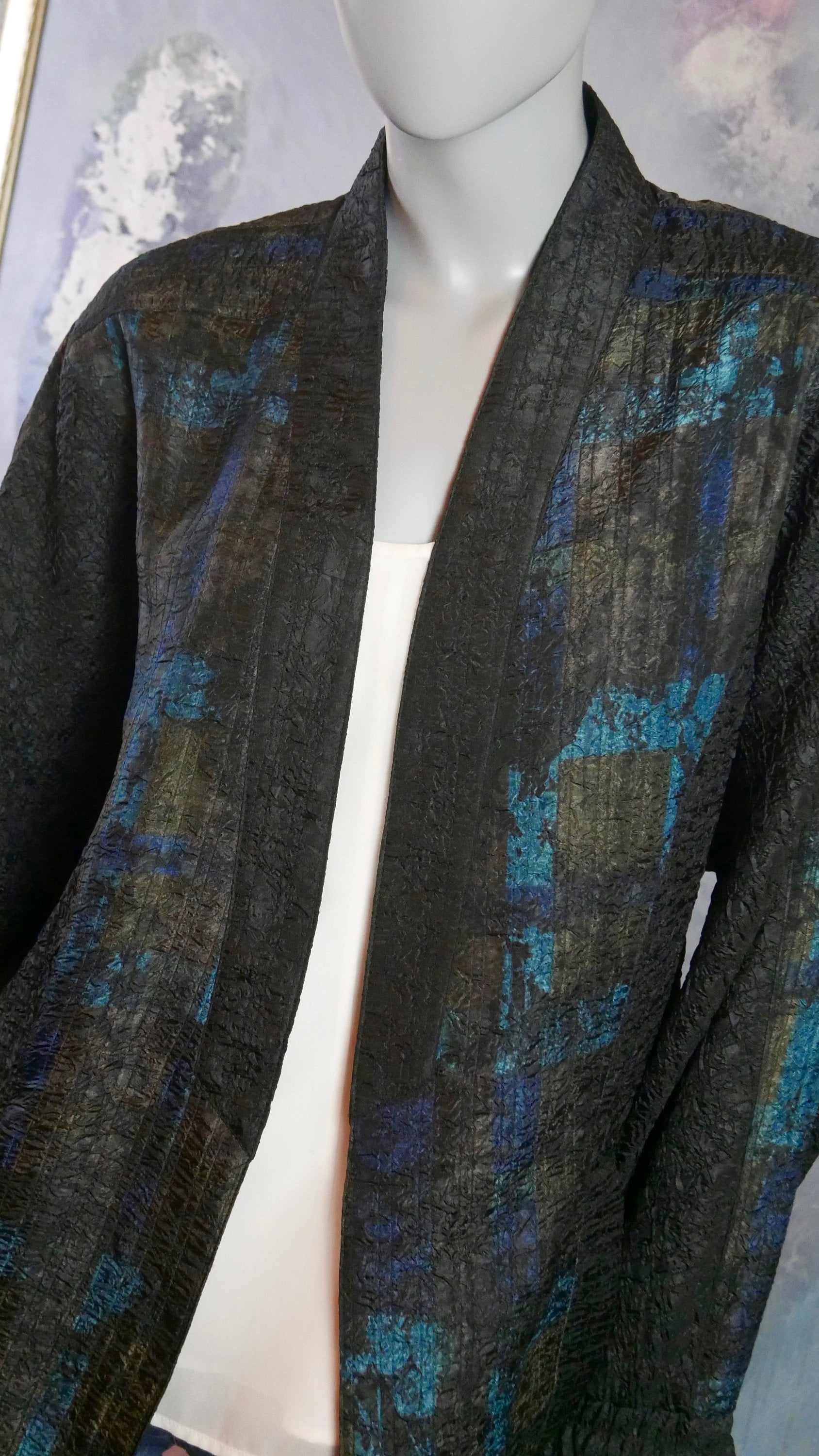 Black & Turquoise Blazer, 1990s European Vintage Open-front Textured ...
