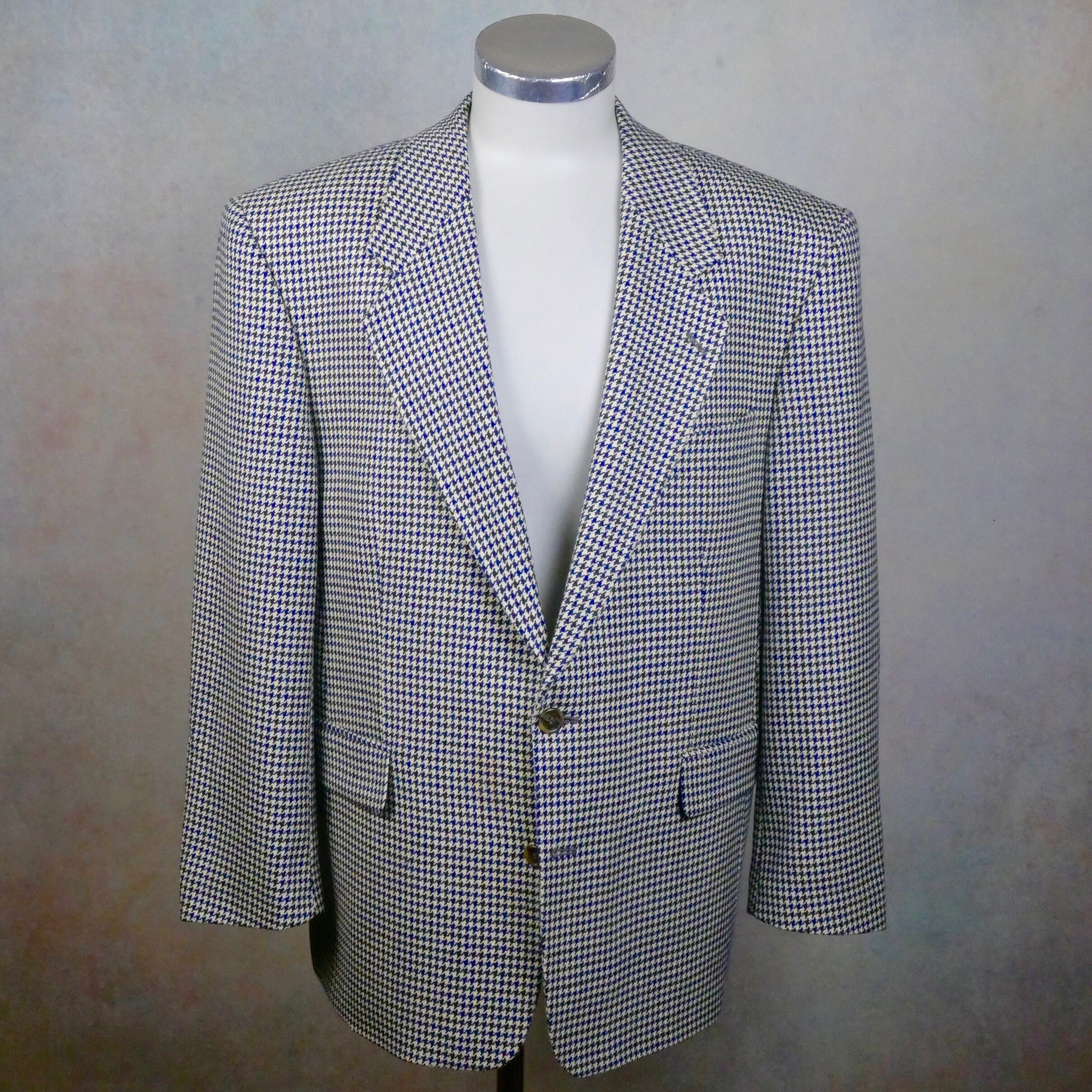 Vintage Houndstooth Blazer, 1980s Soft Wool Single-breasted Blue Black ...
