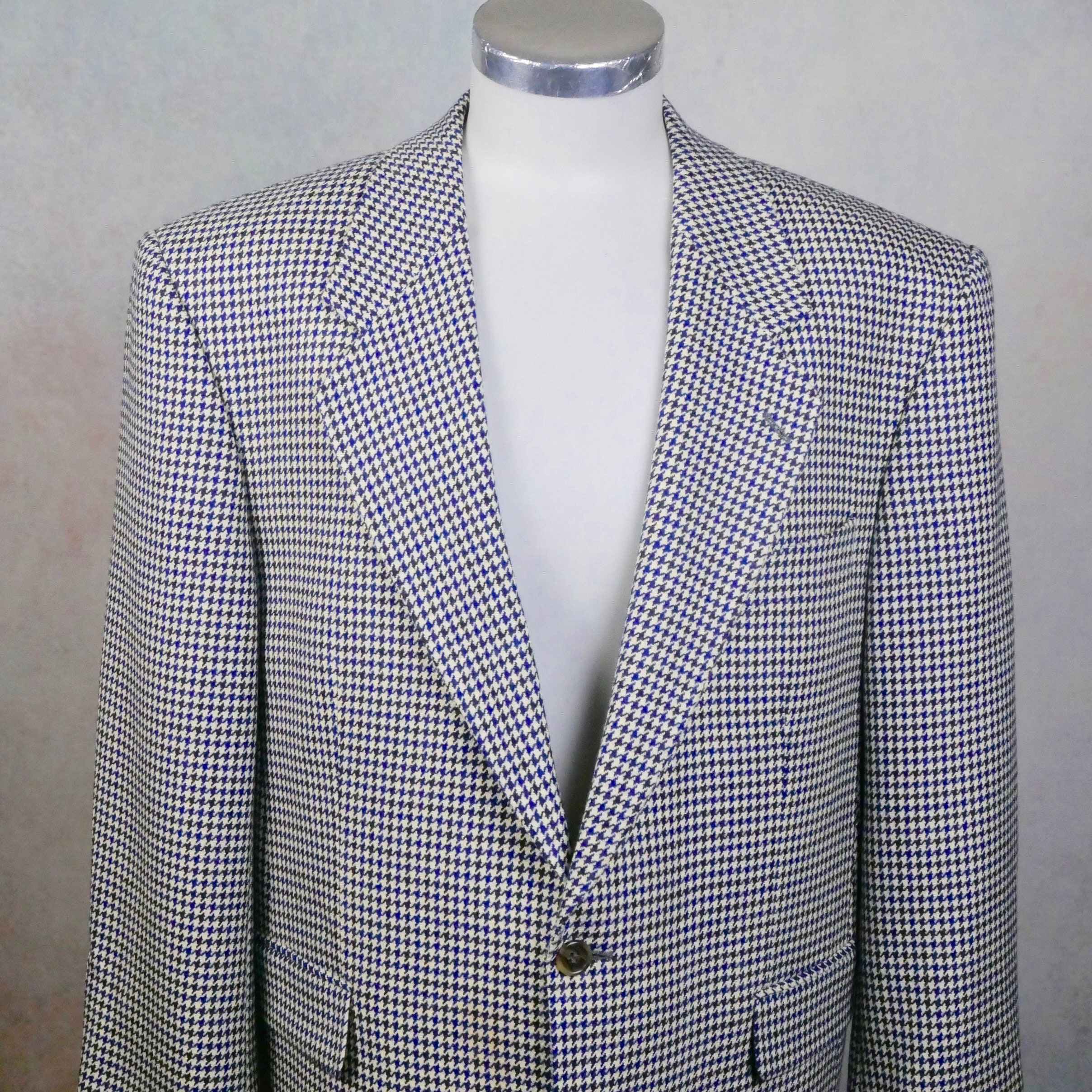 Vintage Houndstooth Blazer, 1980s Soft Wool Single-breasted Blue Black ...