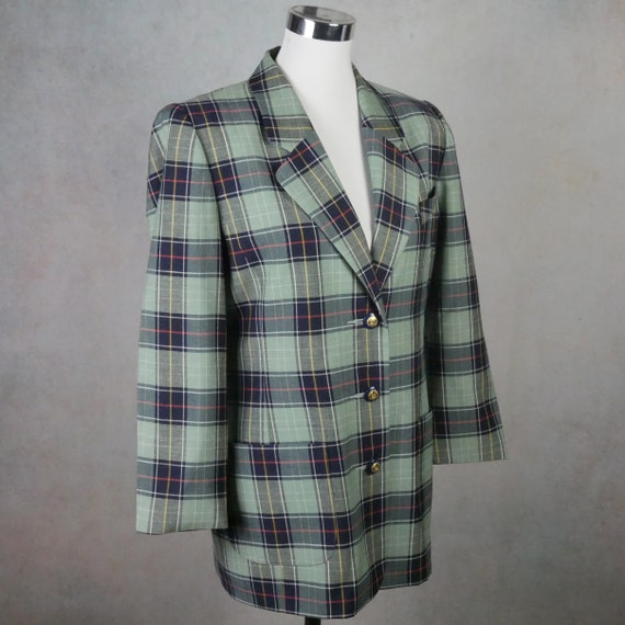Green & Blue Plaid Blazer, 80s Vintage Tartan Jacket - Gem