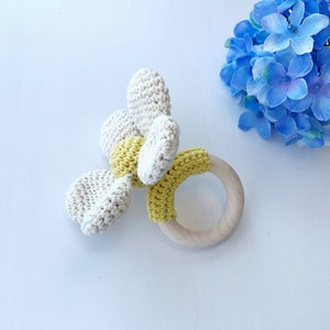 Wooden Crochet Baby Rattle Flower With Grip Ring Personalised - Etsy