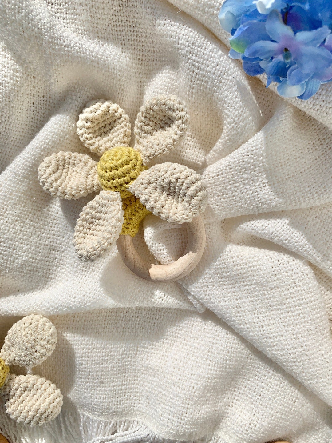 Wooden Crochet Baby Rattle Flower With Grip Ring Personalised - Etsy