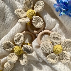 Wooden Crochet Baby Rattle Flower With Grip Ring Personalised - Etsy