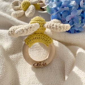 Wooden Crochet Baby Rattle Flower With Grip Ring Personalised - Etsy