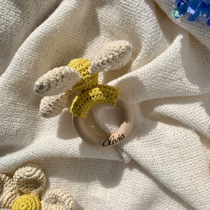 Wooden Crochet Baby Rattle Flower With Grip Ring Personalised - Etsy