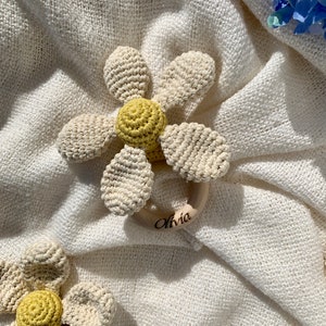 Wooden Crochet Baby Rattle Flower With Grip Ring Personalised - Etsy