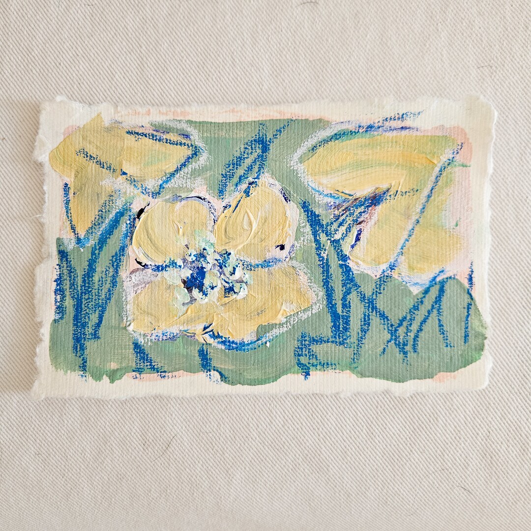 Mini Botanical Flower Acrylic Painting, 4x6in Handmade Paper, Deckled ...