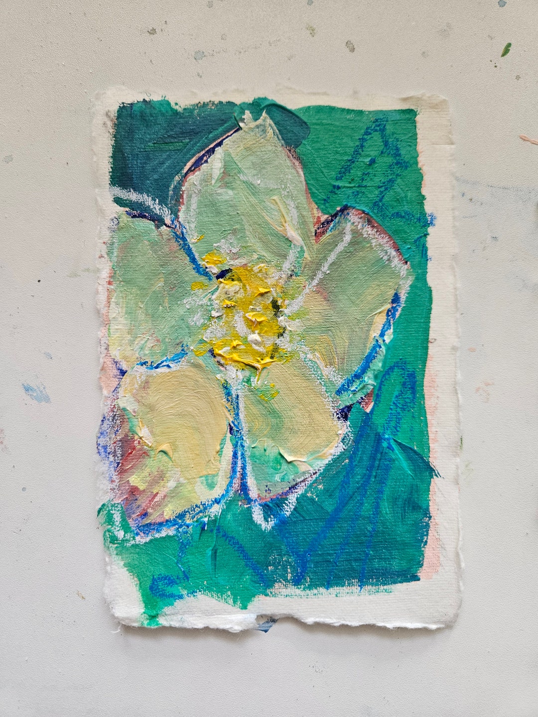 Mini Botanical Flower Acrylic Painting, 4x6in Handmade Paper, Deckled ...