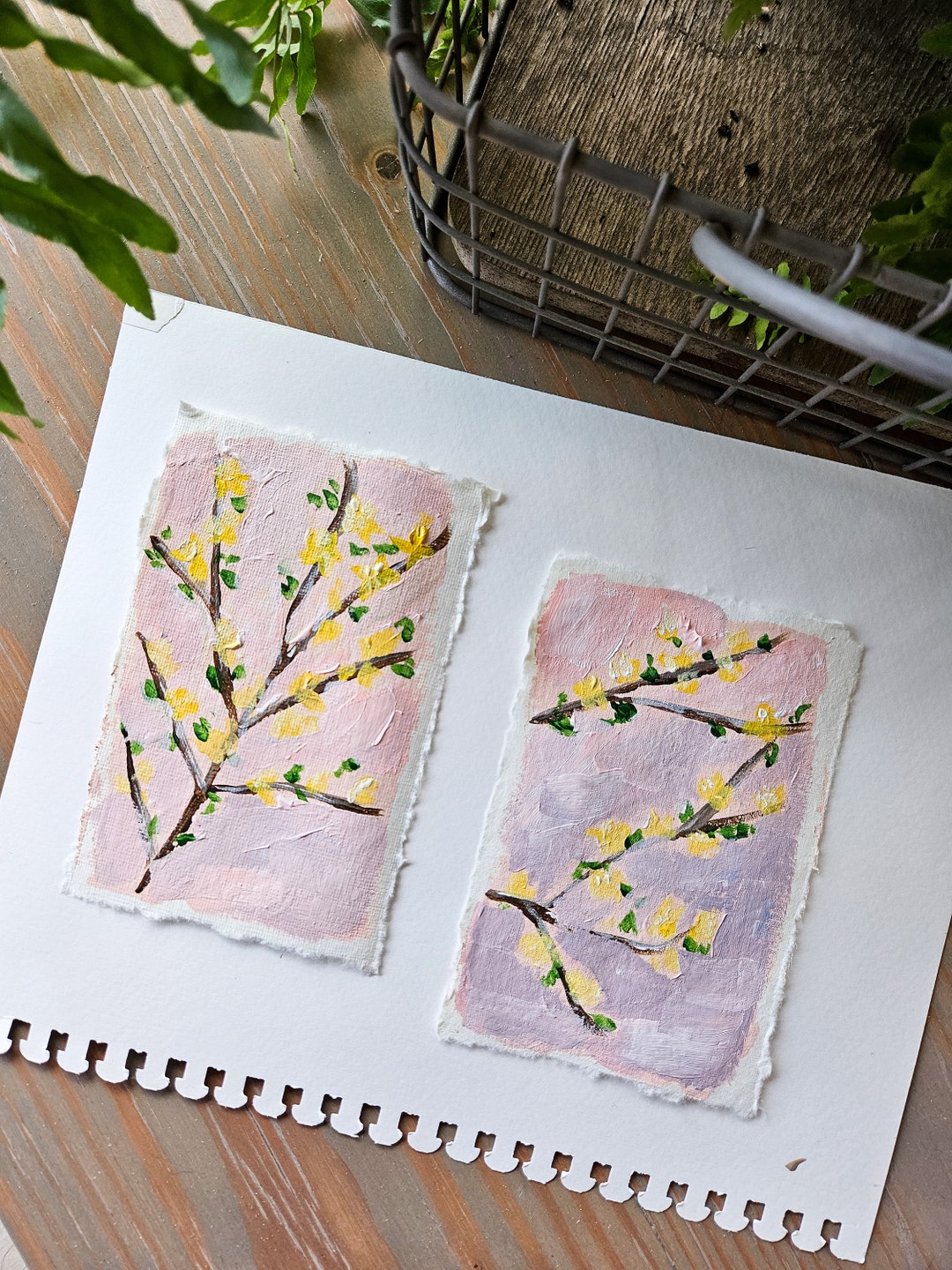 Pair of Two Mini Botanical Flower Acrylic Paintings, 4x6in Handmade ...