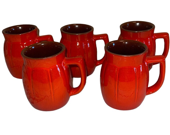 Frankoma Pottery Flame Red Ribbed Barrel Coffee Cups Mugs C8 Set of 5 ...