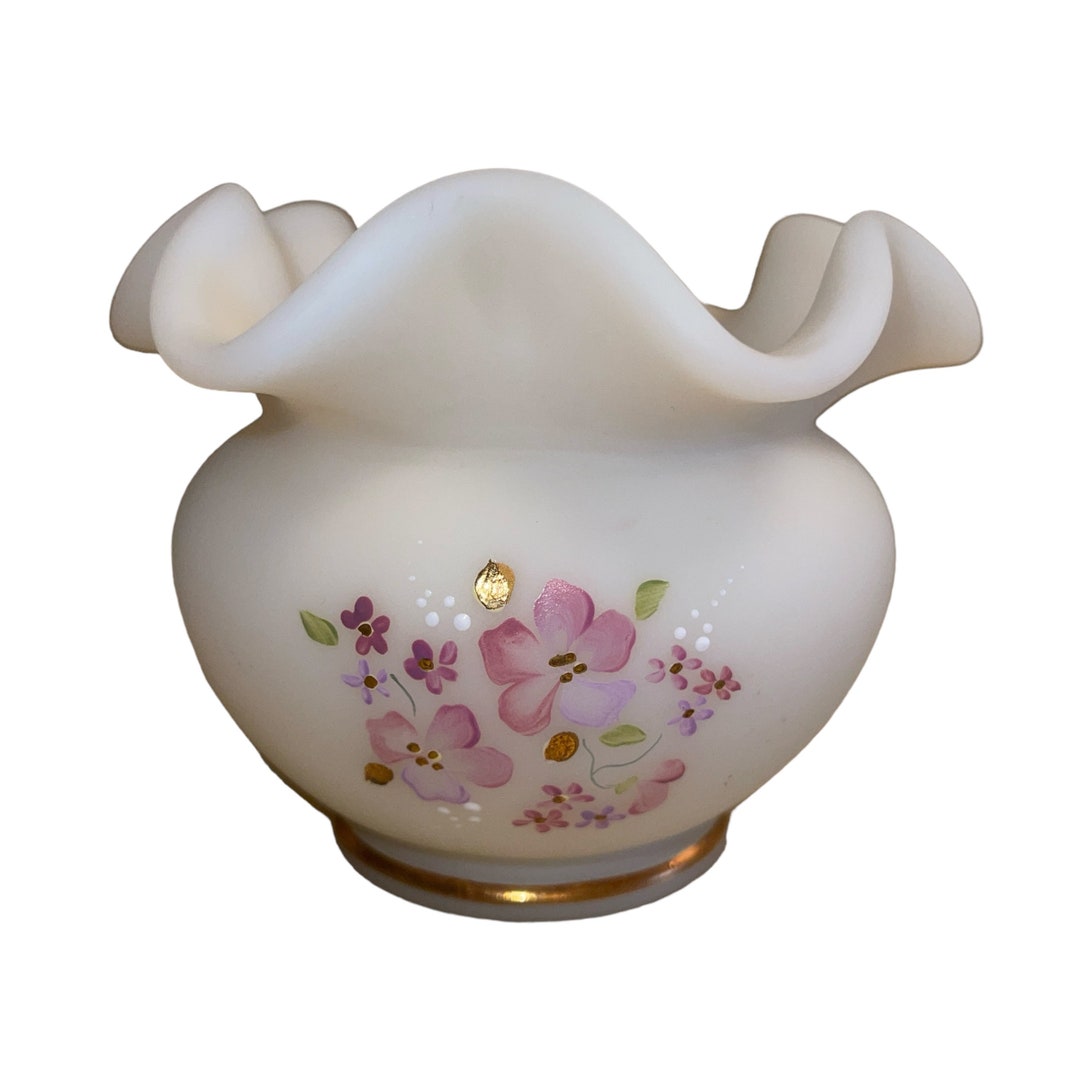 Fenton White Satin Glass Handpainted Rose Bowl Vase Pink Flowers Gold ...