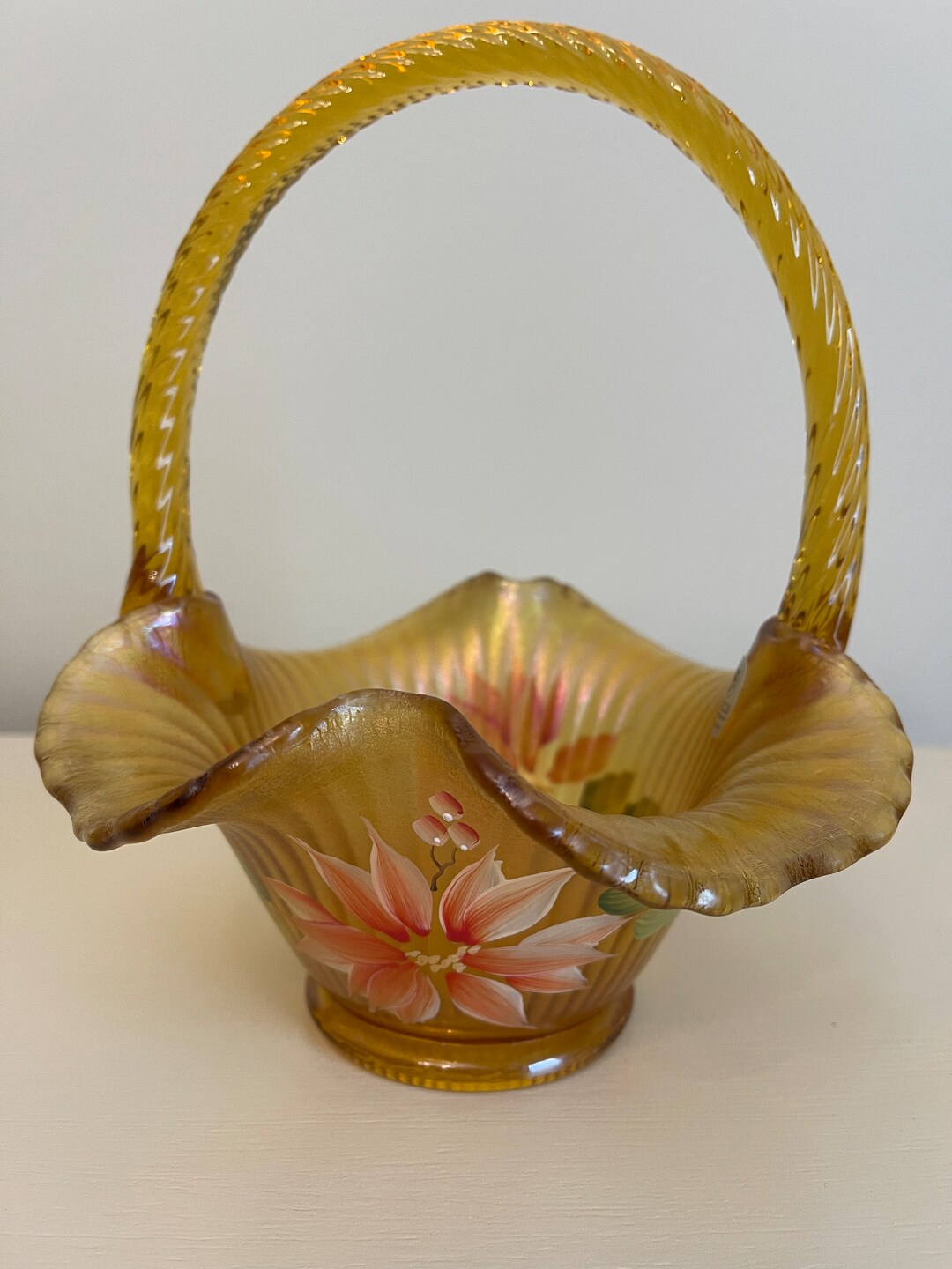 FENTON POINSETTIA Crackle Iridescent Hand Painted Basket, Signed George ...