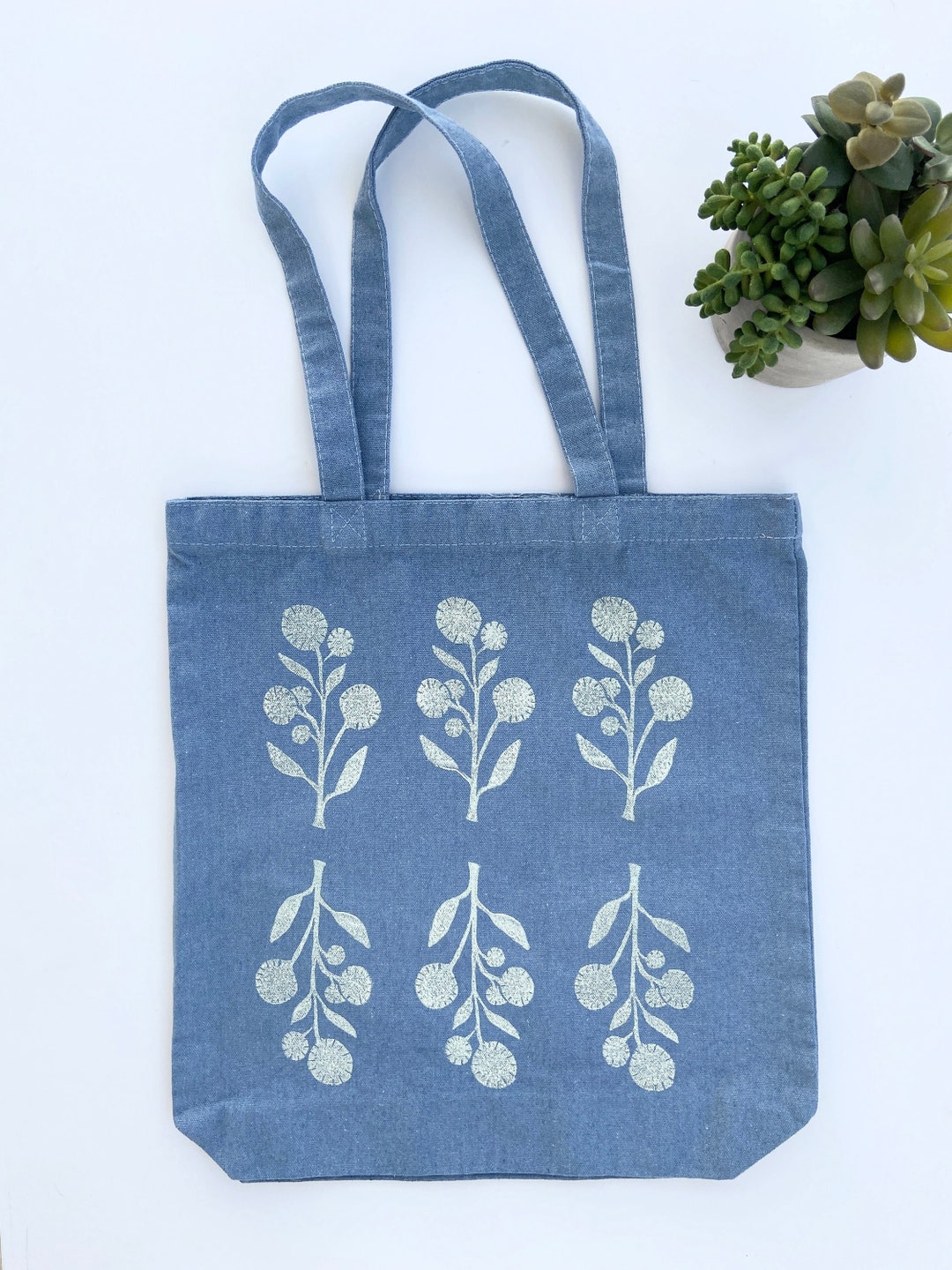 Blue Block Printed Tote Bag, Floral Print Tote Bag - Etsy