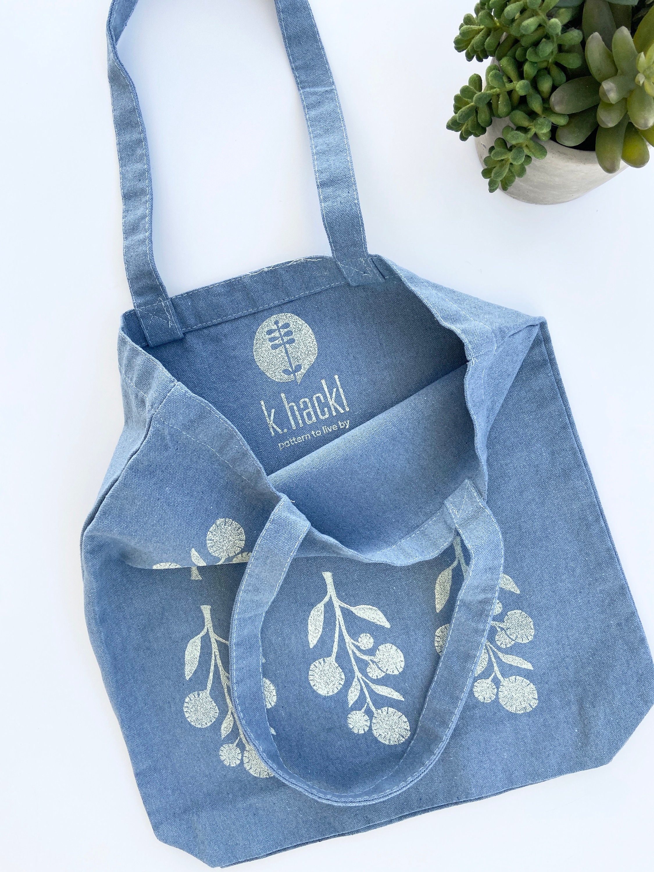 Blue Block Printed Tote Bag, Floral Print Tote Bag - Etsy