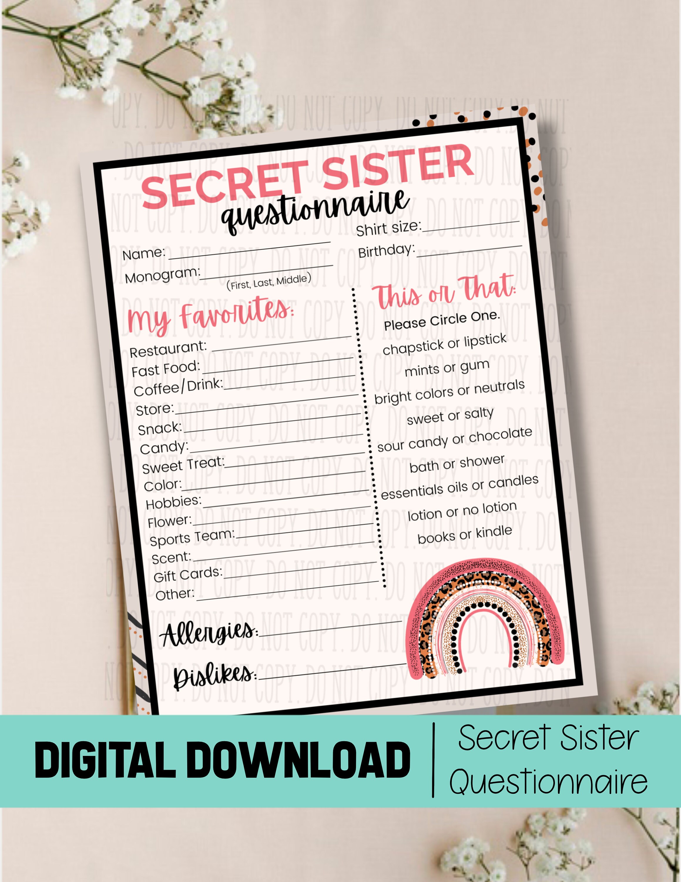 Secret Sister Printable Survey Questionnaire For Secret Sister Secret Sister Cards Lds Girls