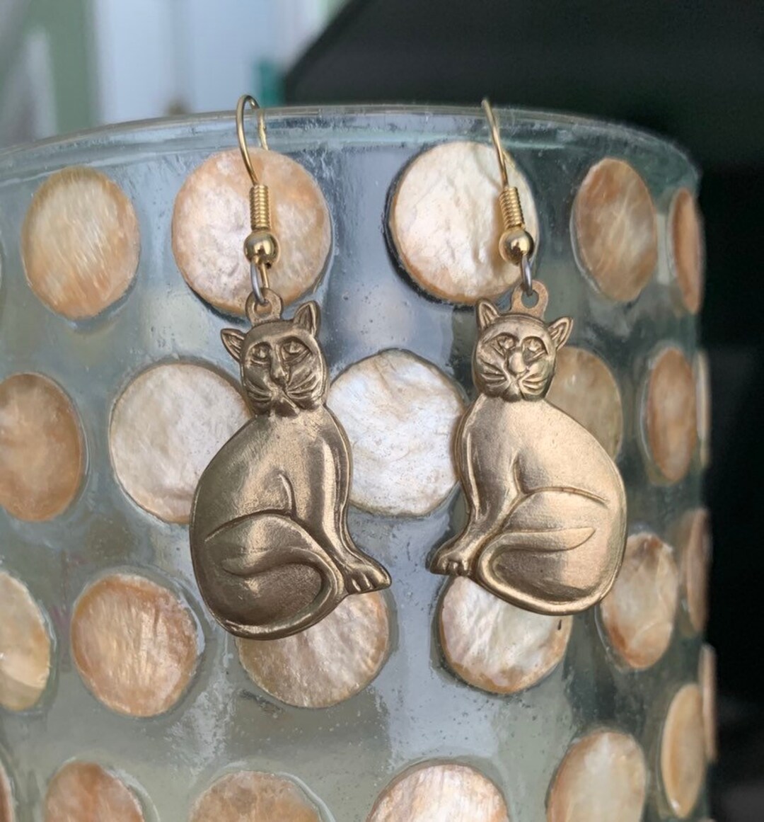 Gold Tone Vintage Cat Earrings - Etsy